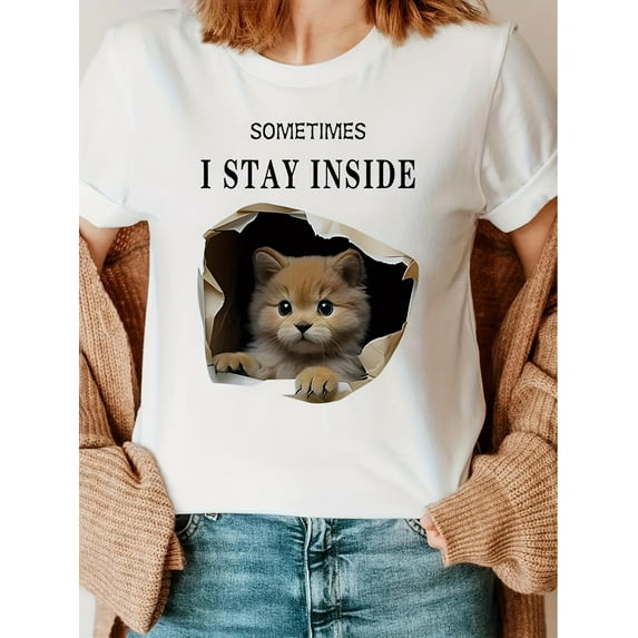 Cat Print Crew Neck T-shirt, Short Sleeve Casual Top For Spring ...