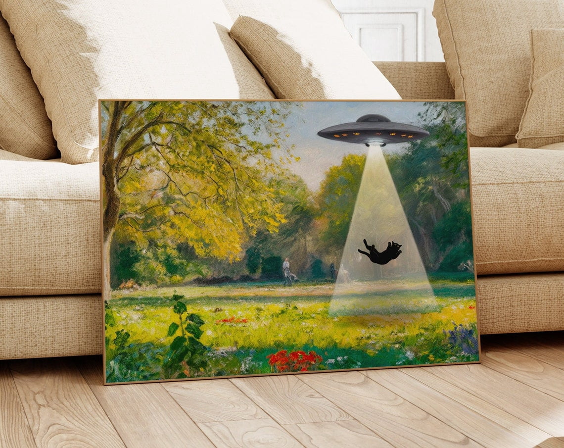 Cat Print Funny Altered Art Print Ufo Abduction Funny Gift Black Cat ...