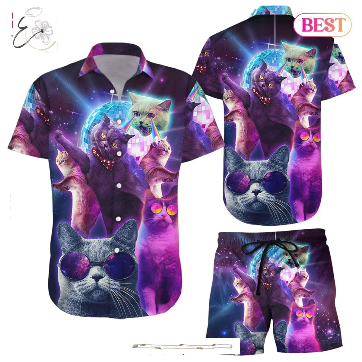 Cat Print Hawaiian Shirt Funny Cats Disco Button Down Shirts Cat Gift ...