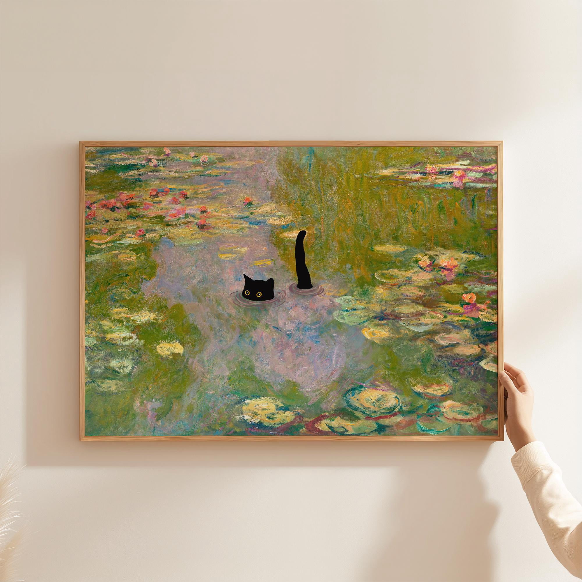 Cat Print Monet Waterlily Funny Gift Poster Black Cat Swimming Wall Art ...