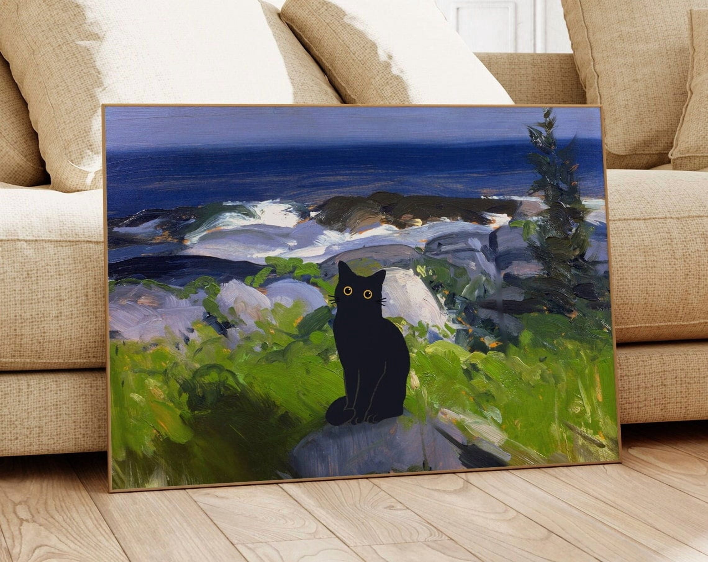 Cat Print Oil Landscape Art Funny Gift Black Cat Poster Wall Art Home ...