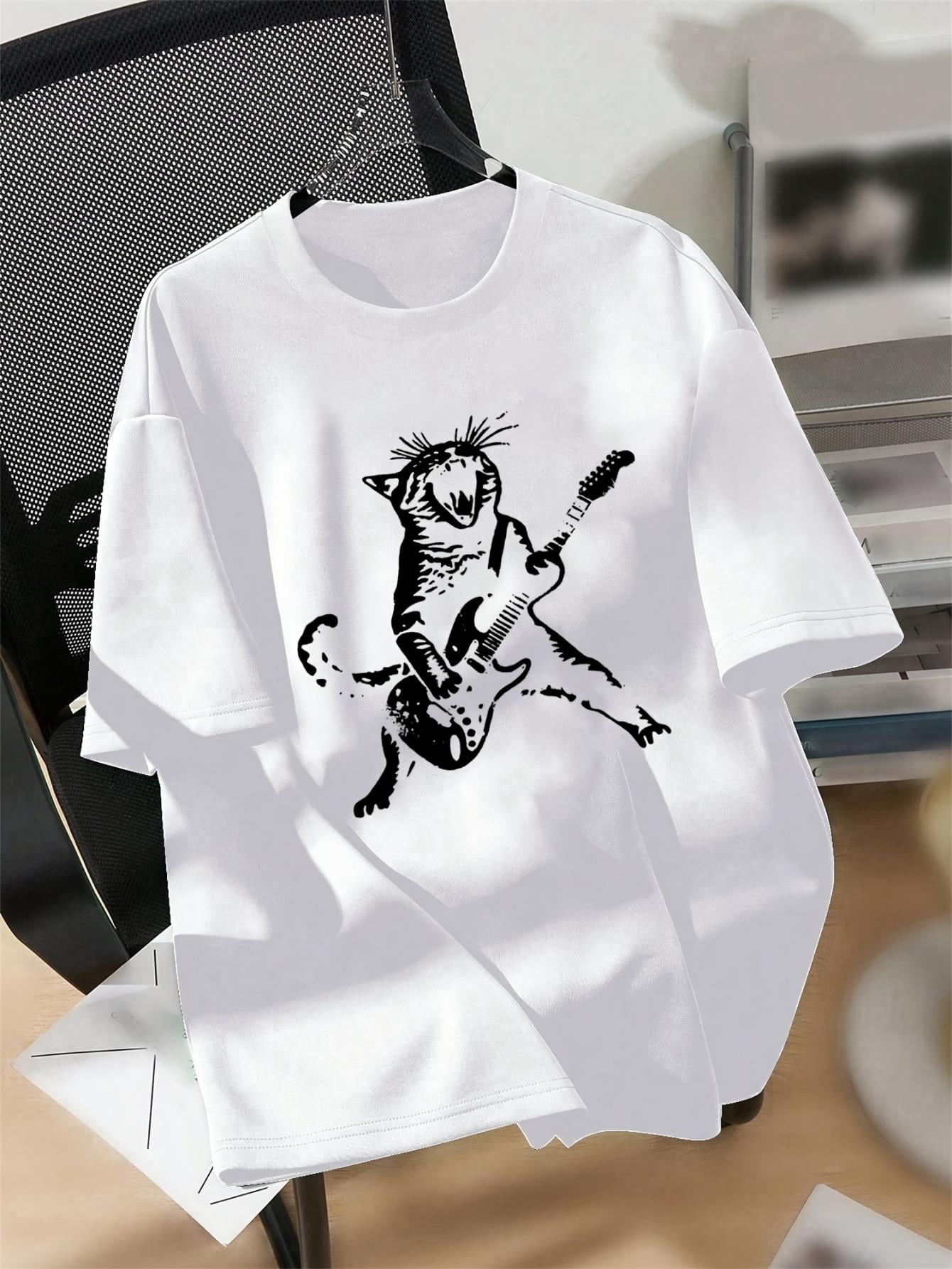 [Cat Print T-Shirt] Casual Guitar-Playing Cat Print Crew Neck Short ...