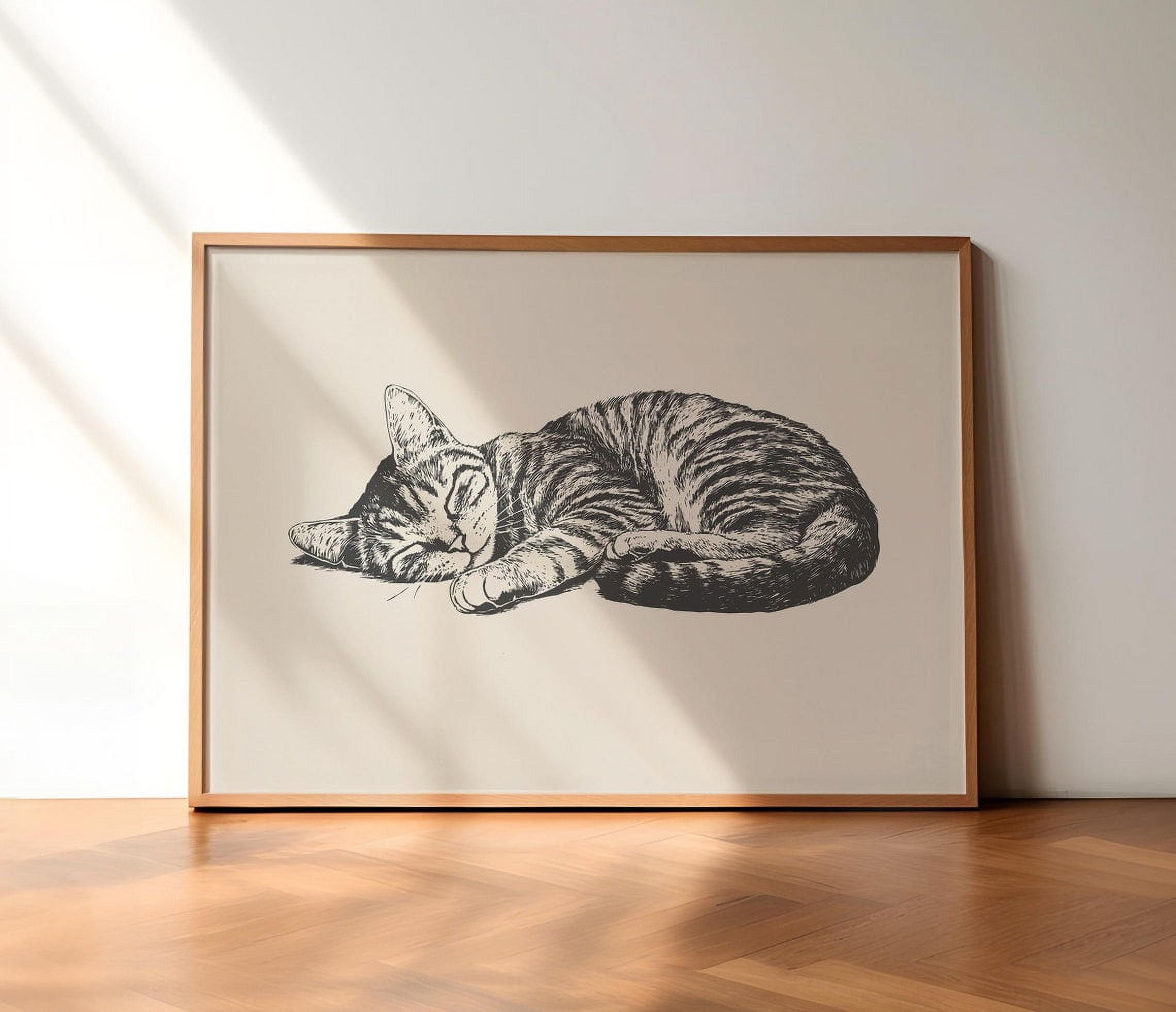 Cat Printable Drawing, Sleeping Kitty Print, Vintage Cat Poster, Retro ...