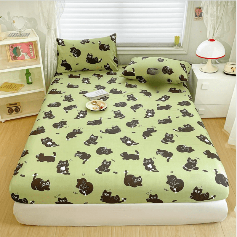 Cat Printed Bed Sheet Green Color Single/Queen/King Size Fitted Sheet ...