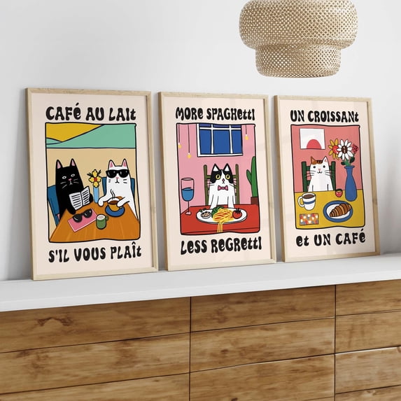 Cat Prints Kitchen Wall Art Spaghetti Cafe Au Lait Croissant Cat Poster ...
