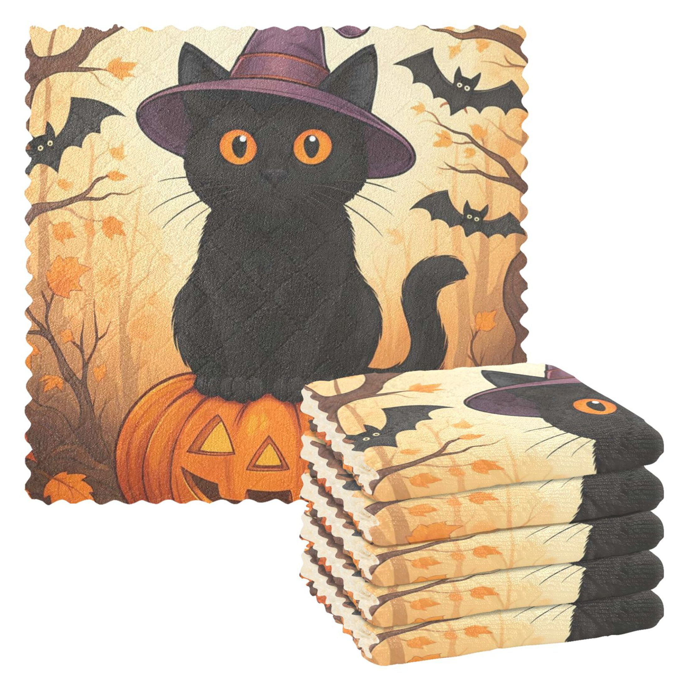 Cat Pumpkin Halloween Bat Kitchen Cloth Dish Towels for Drying Washing ...