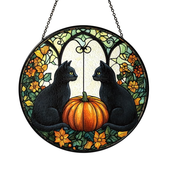 Cat Pumpkin Themed Stained Glass Style Suncatcher for Window Decor ...