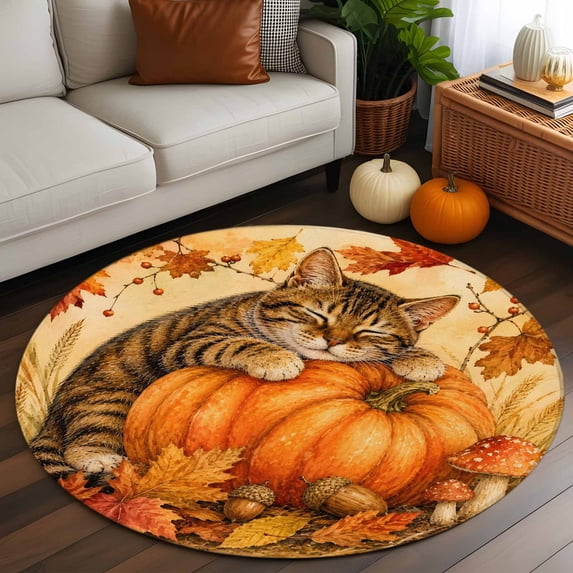 Cat Pumpkins Thanksgiving Round Area Rug 4 FT, Non Slip Indoor Outdoor ...