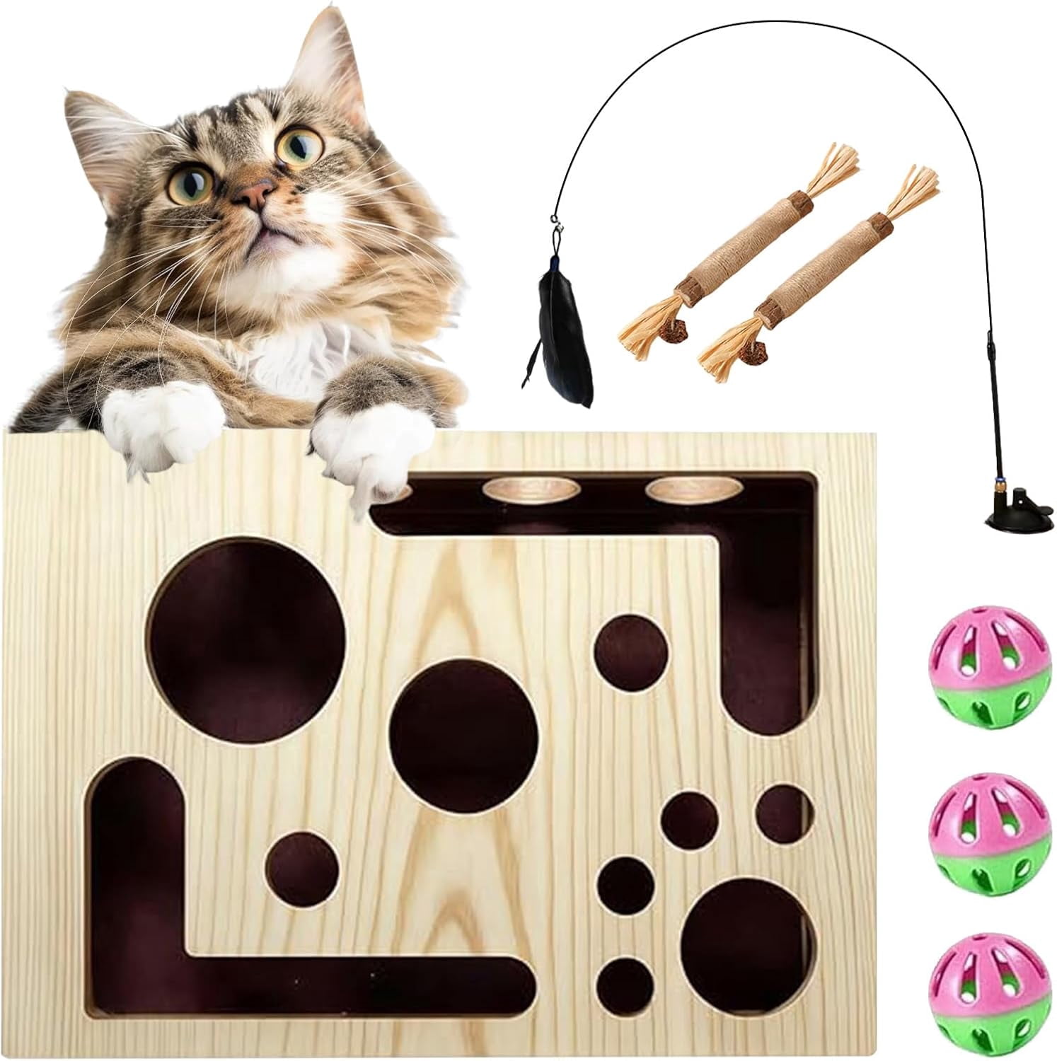 Cat Puzzle Enrichment Box – Wooden Interactive Toy with Scratcher ...