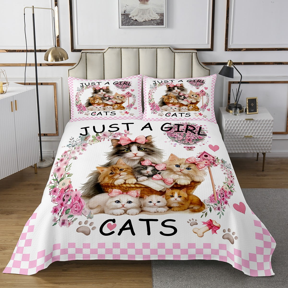 Cat Queen Quilt Set Cute Cartoon Cat Print Bedspread for Cat Lovers Bed ...