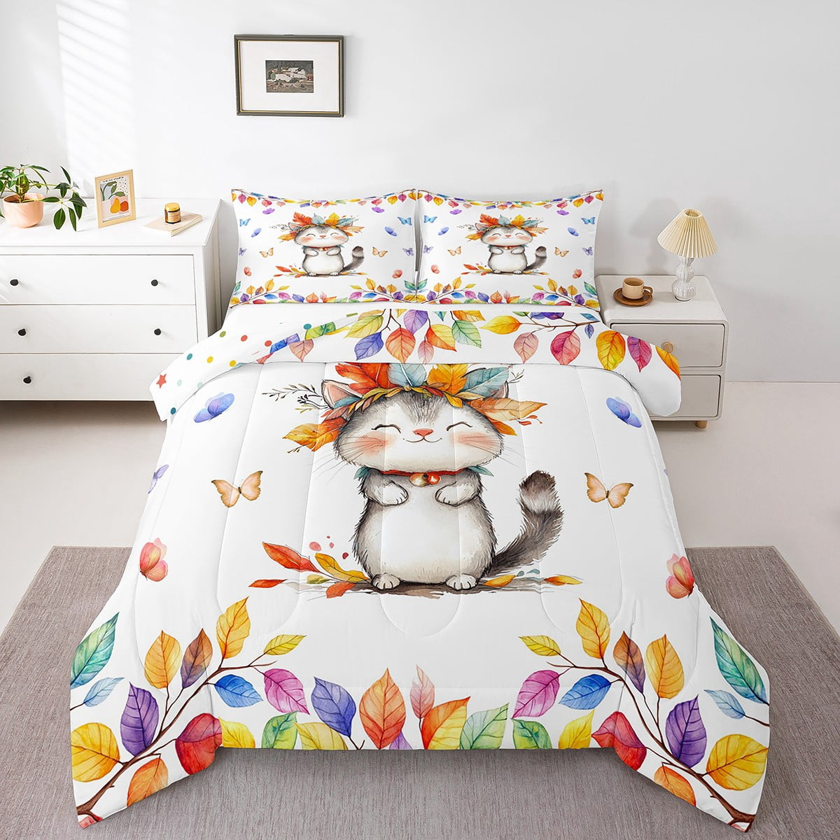 Cat Queen Size Comforter Set Watercolor Animals Bedding Set, Kawaii ...