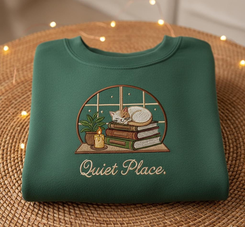 Cat Quiet Place Embroidered Sweatshirt, Candlelight Reading Shirt, Cozy ...