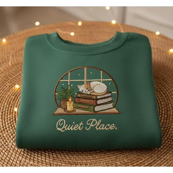 Cat Quiet Place Embroidered Sweatshirt, Candlelight Reading Shirt, Cozy ...