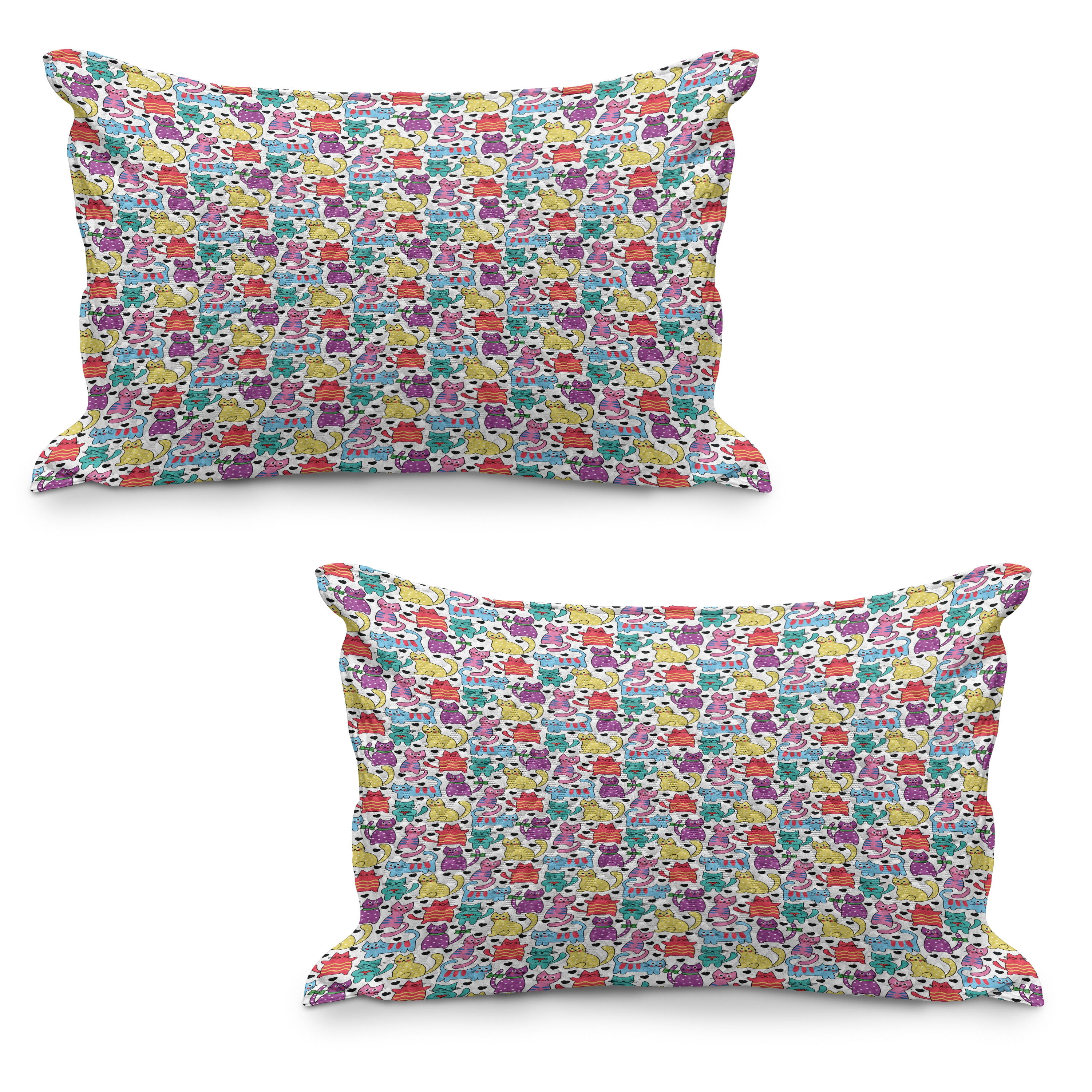 Cat Quilted Pillowcover Set of 2, Cartoon Style Lively Colored Friendly ...