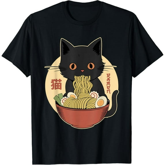 Cat Ramen Funny Graphic Tees Japanese Kawaii Cat Anime T-Shirt ...
