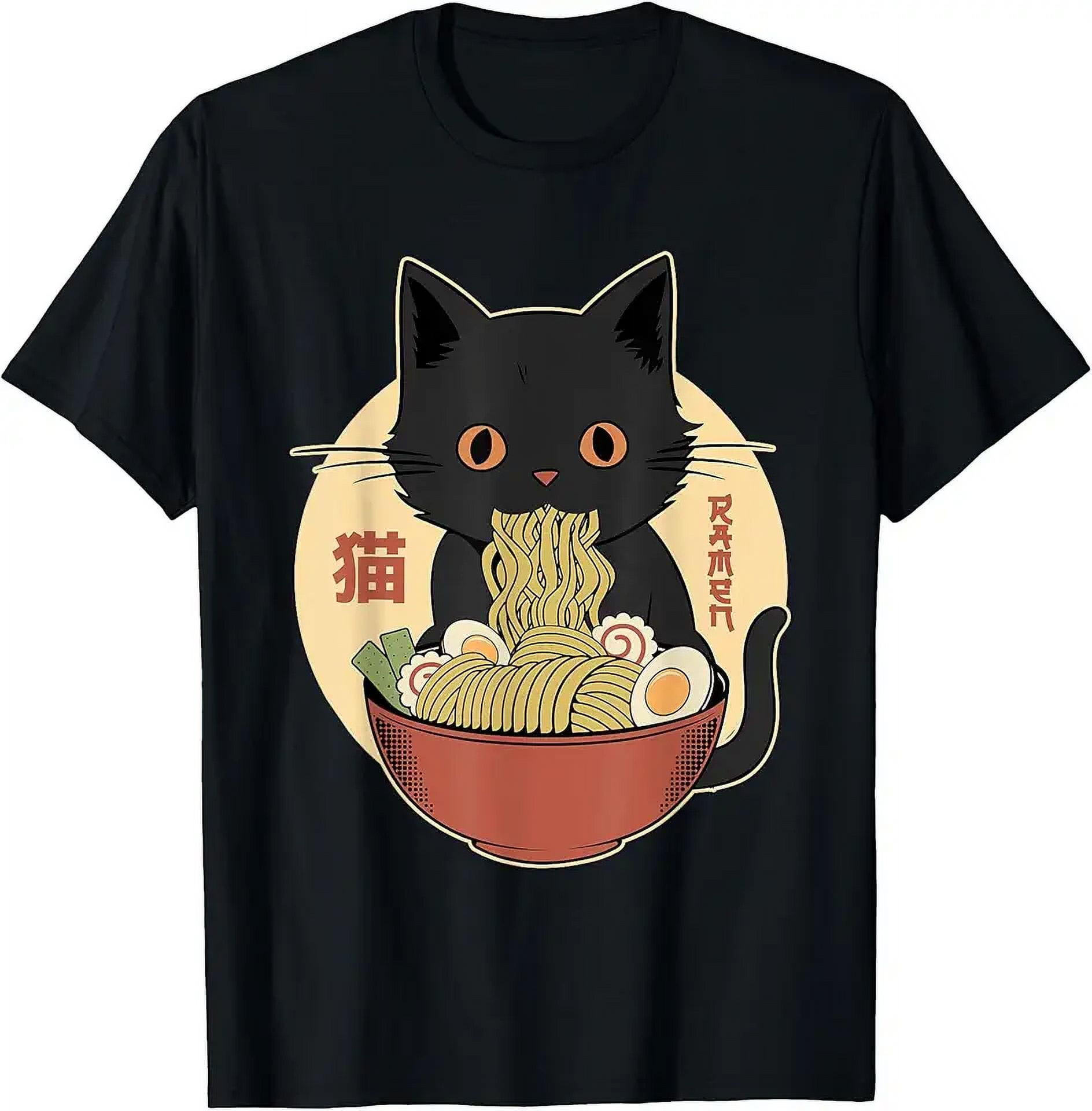 Cat Ramen Funny Graphic Tees Japanese Kawaii Cat Anime T-Shirt ...