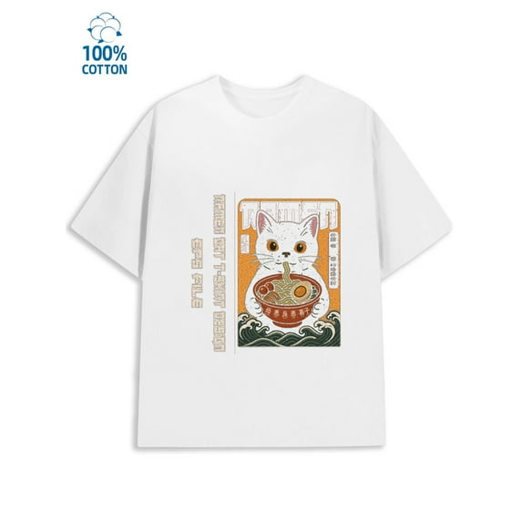 Cat Ramen Tee for men pet cat 180G 100% Cotton white cat lady funny ...