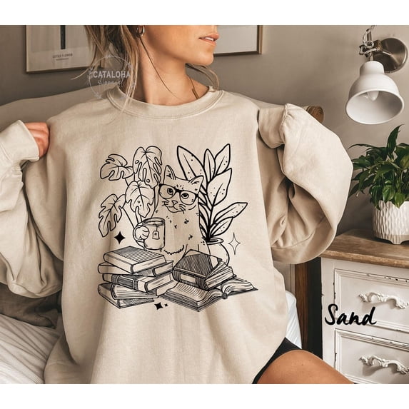 Cat Reading Book, Books and Cats, Book club sweater, Cozy reader ...