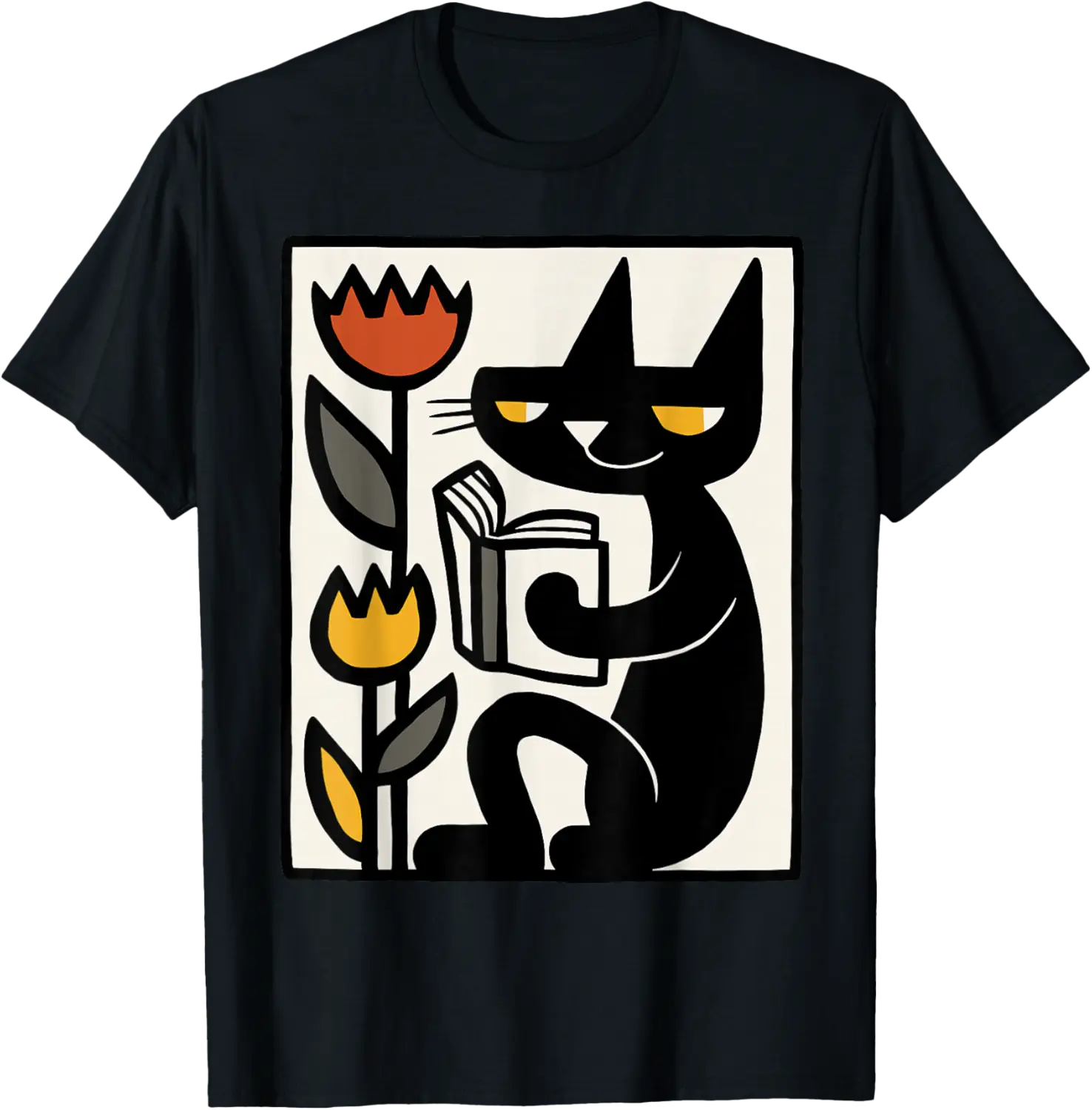 Cat Reading Book Folk Art Cozy Illustration Design T-Shirt - Walmart.com