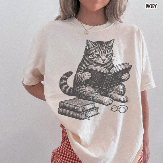 Cat Reading Book Shirt Book Lover Tee Bookish Merch Gift for Cat Lover ...