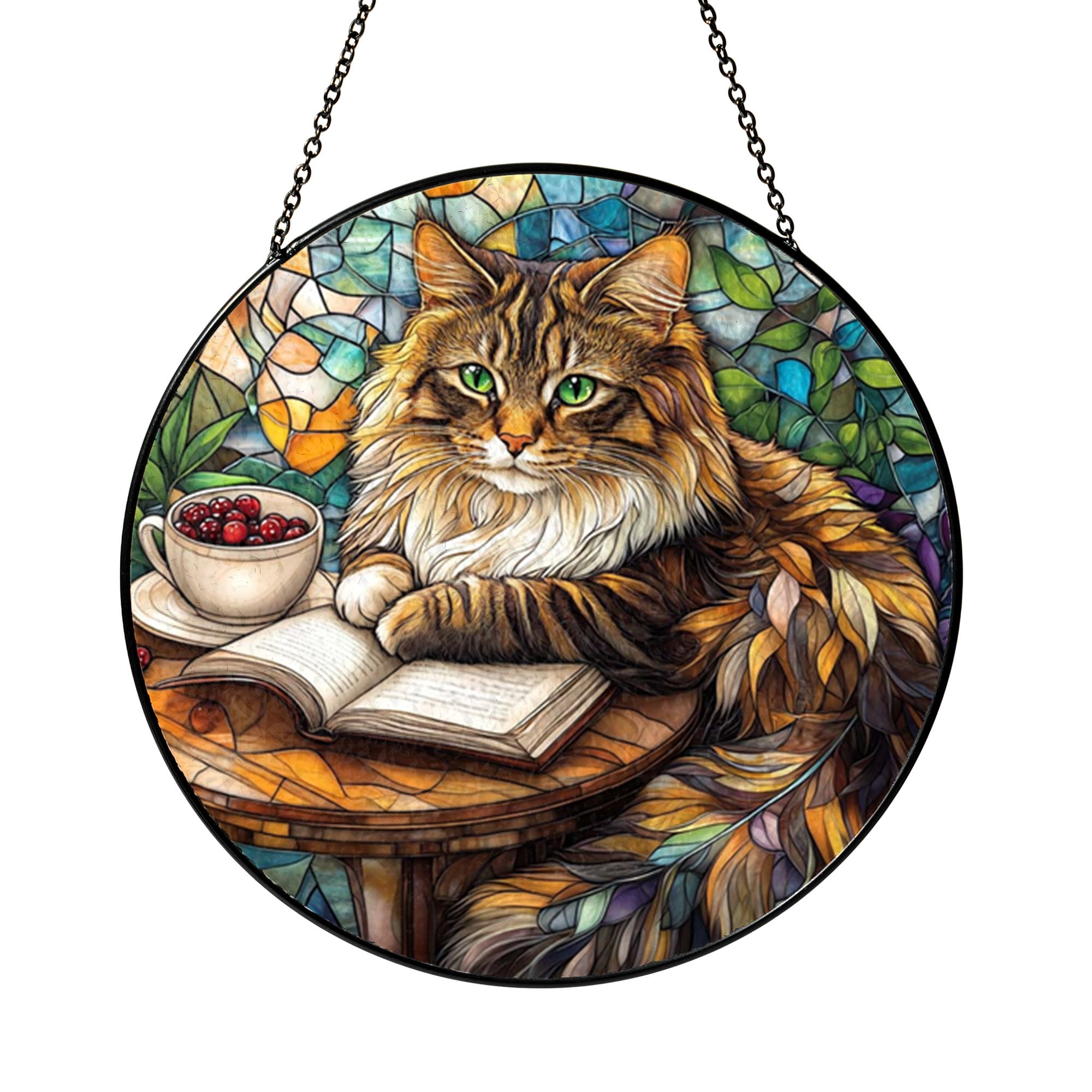 Cat Reading Book Stained Glass Style Suncatcher – Window Decor ...
