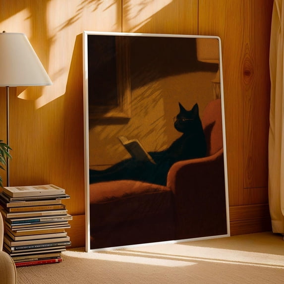 Cat Reading Book Wall Art - Black Cat Print For Book Lovers, Funny Cat ...