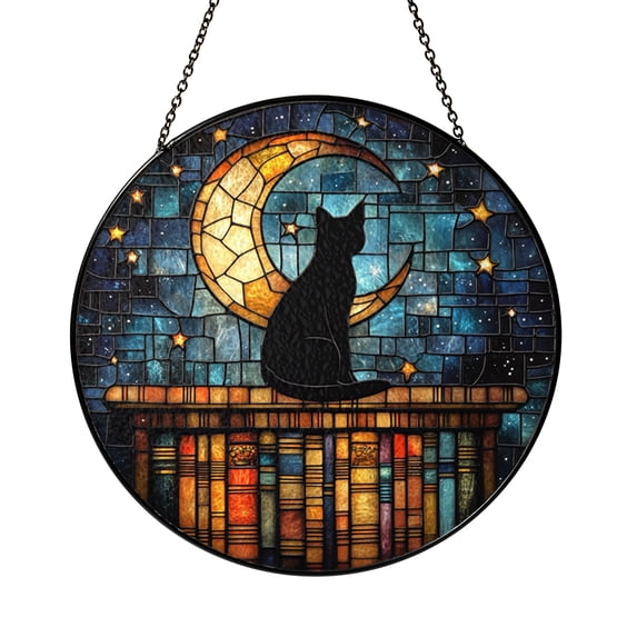 Cat Reading Book on Moon Window Suncatcher, Stained Glass Style ...