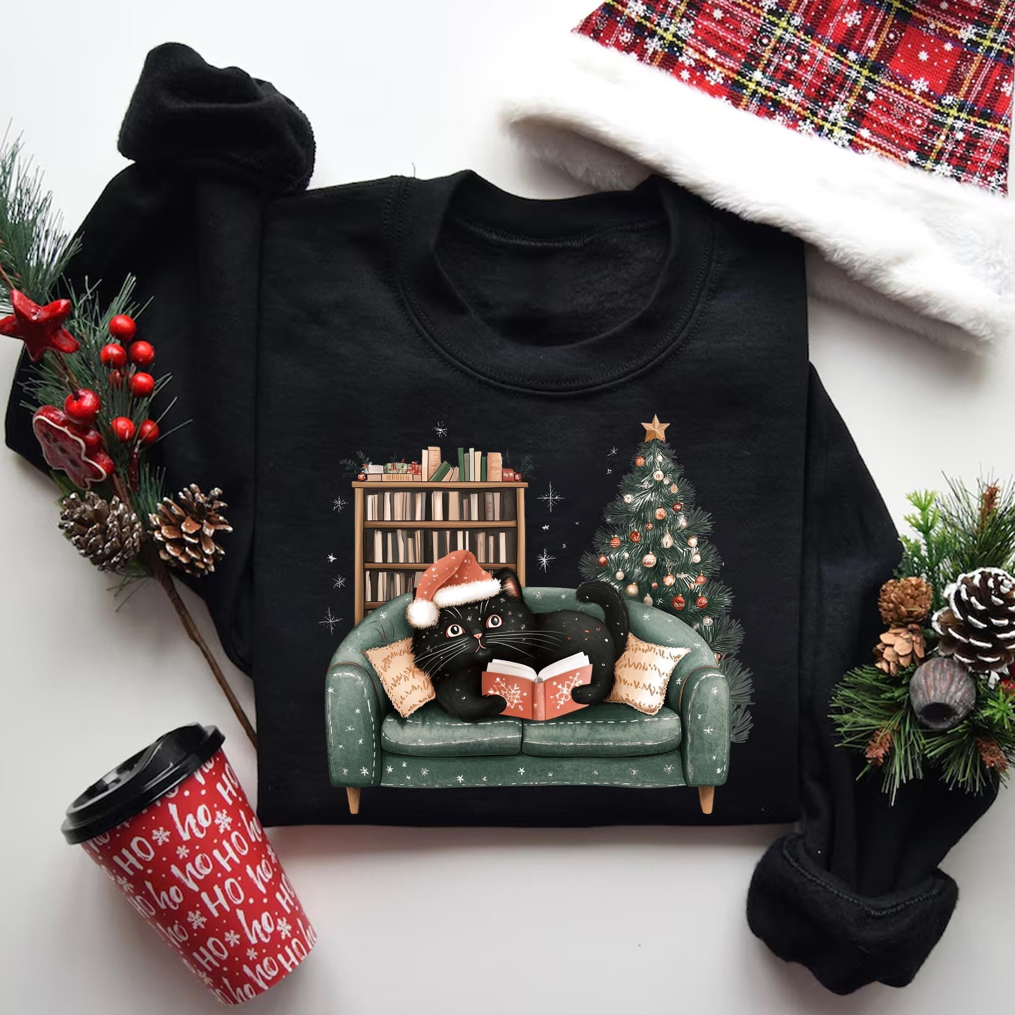 Cat Reading Books Christmas Shirt, Black Cat Shirt, Book Lover Shirt ...