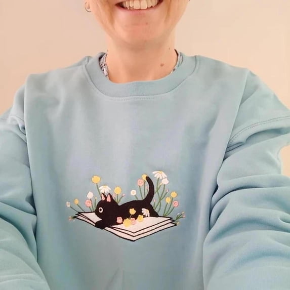 Cat Reading Books Embroidered Sweatshirt, Book Lover Cat Gift, Custom ...