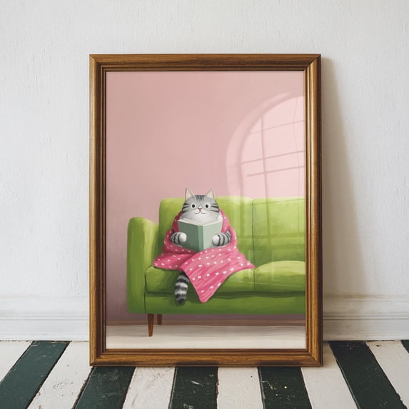 Cat Reading On Couch Funny Cat Print Trendy Home Decor Reading Lover ...