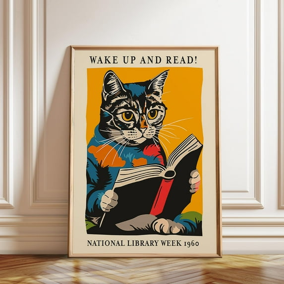 Cat Reading Poster: 1960 National Library Week Mid-Century Art ...