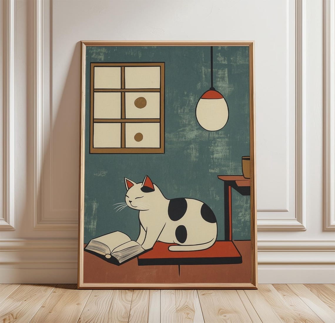 Cat Reading Poster Japanese Style Wall Art Cute Animal Illustration ...