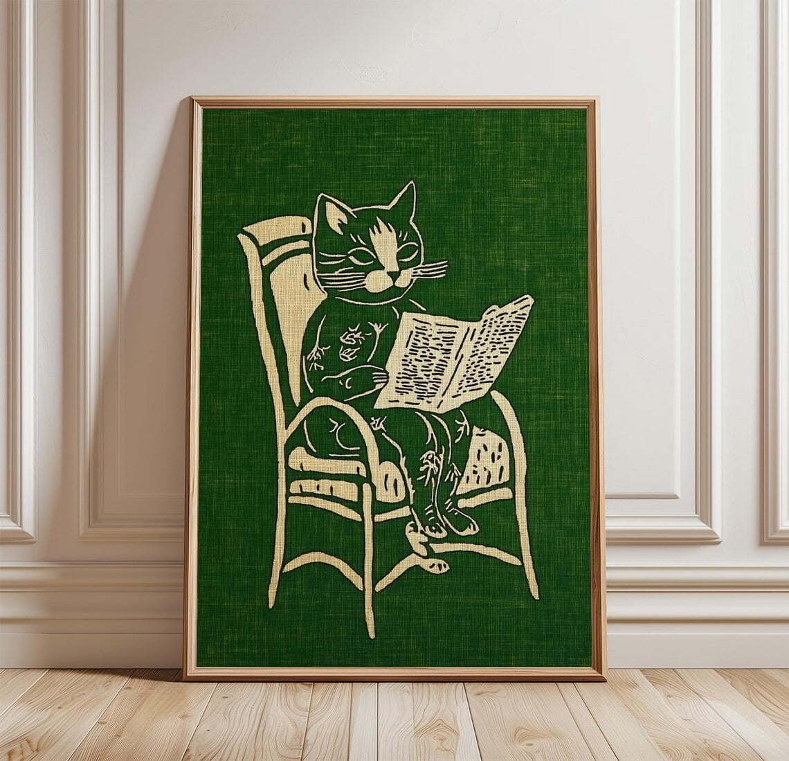 Cat Reading Poster Vintage Animal Wall Art Green Home Decor Art ...