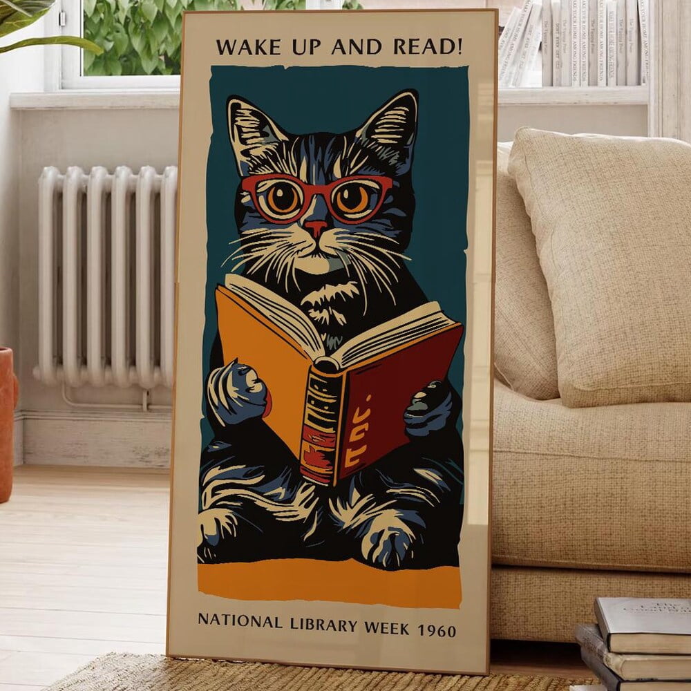 Cat Reading Poster - Wake Up And Read!, Vintage Library Week 1960 Wall ...