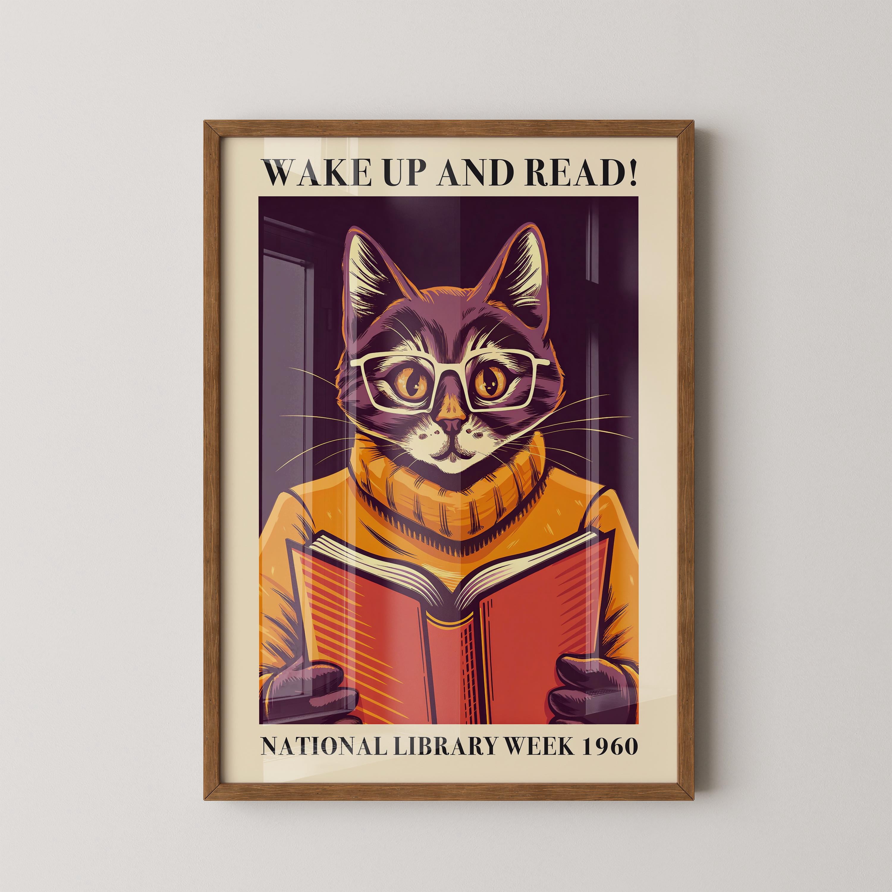Cat Reading Print Wake Up And Read National Library Week Wall Art Quirky Decor - Walmart.com
