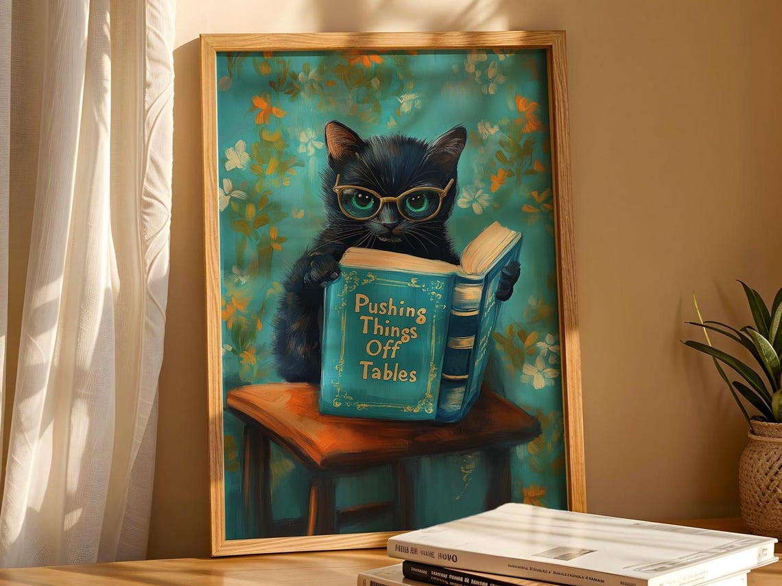 Cat Reading "Pushing Things Off Tables" Book Wall Decor Funny Pet Print ...