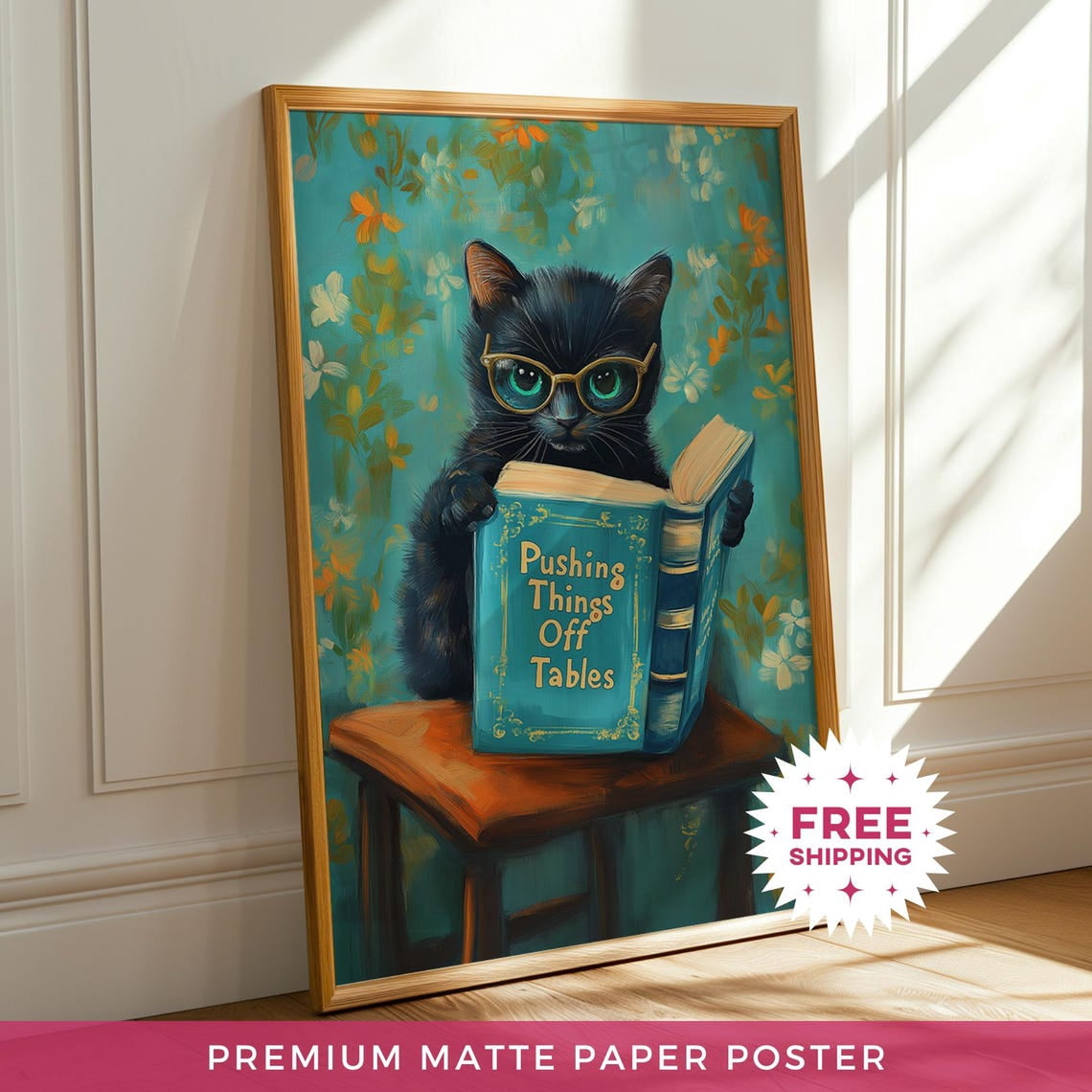 Cat Reading Pushing Things off Tables Book Wall Decor Pet Kitten ...