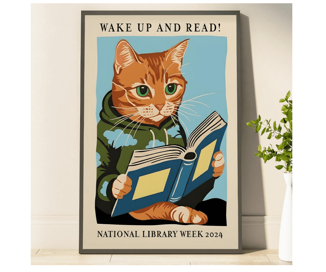 Cat Reading Wake Up Cute Book Lover Poster Home Decor Office Wall Art ...