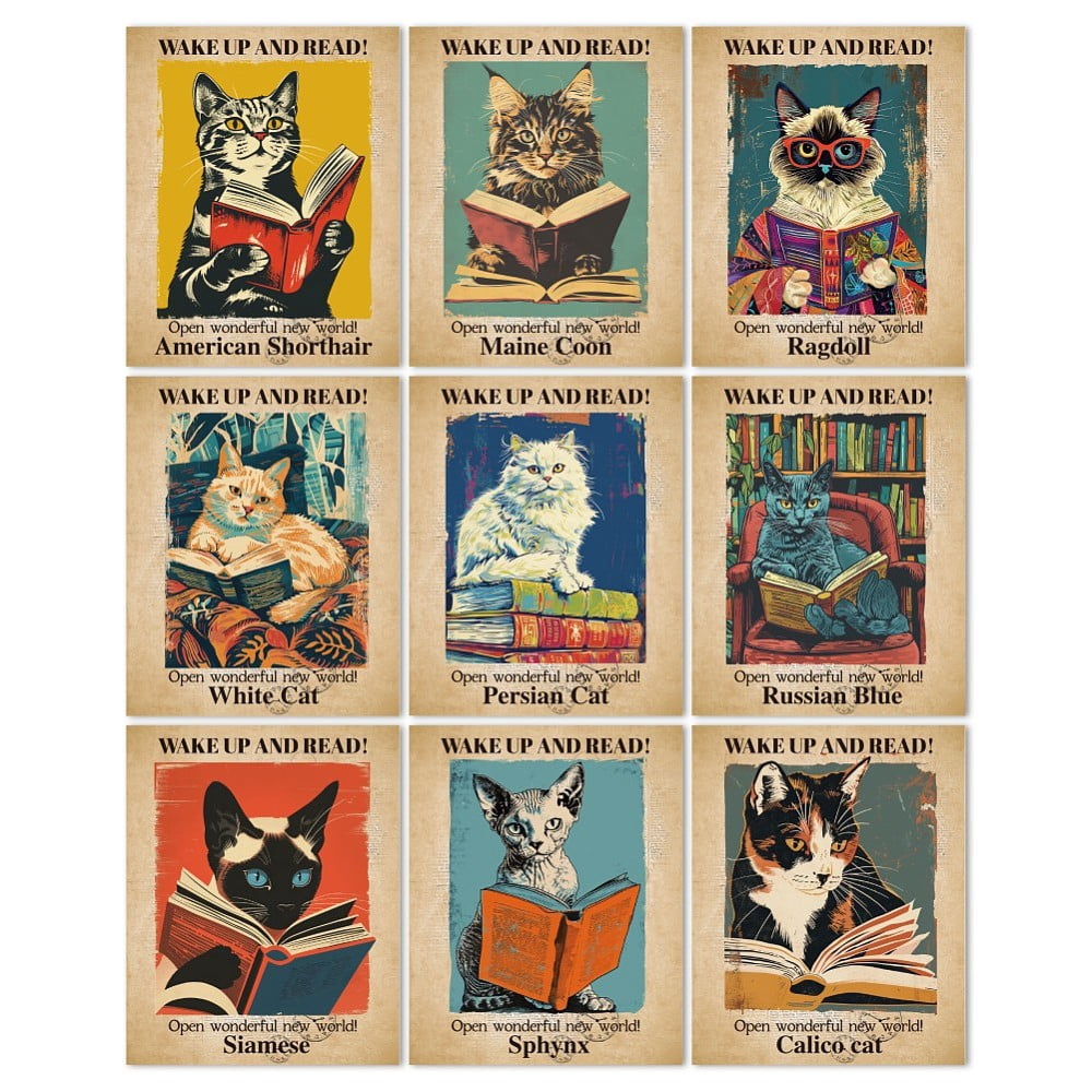 Cat Reading Wall Art Prints Set of 9 Vintage Book Theme Poster Wall ...