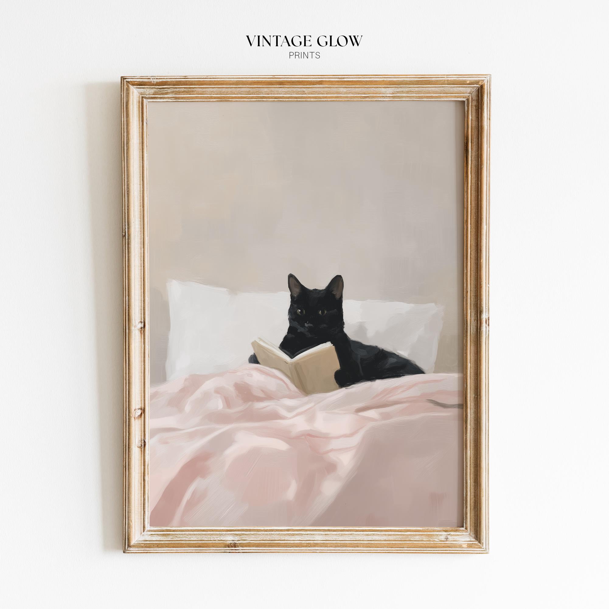 Cat Reading in Bed Print | Cozy Black Cat Book Lover Wall Art ...