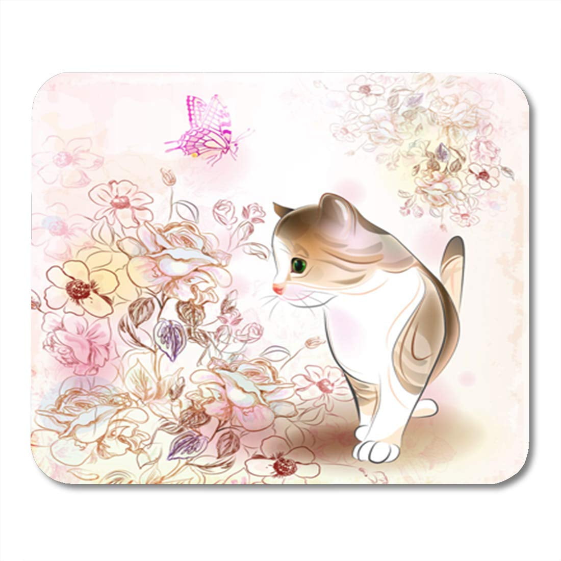 Cat Retro Birthday Little Tabby Kitten Flowers and Butterfly Watercolor ...