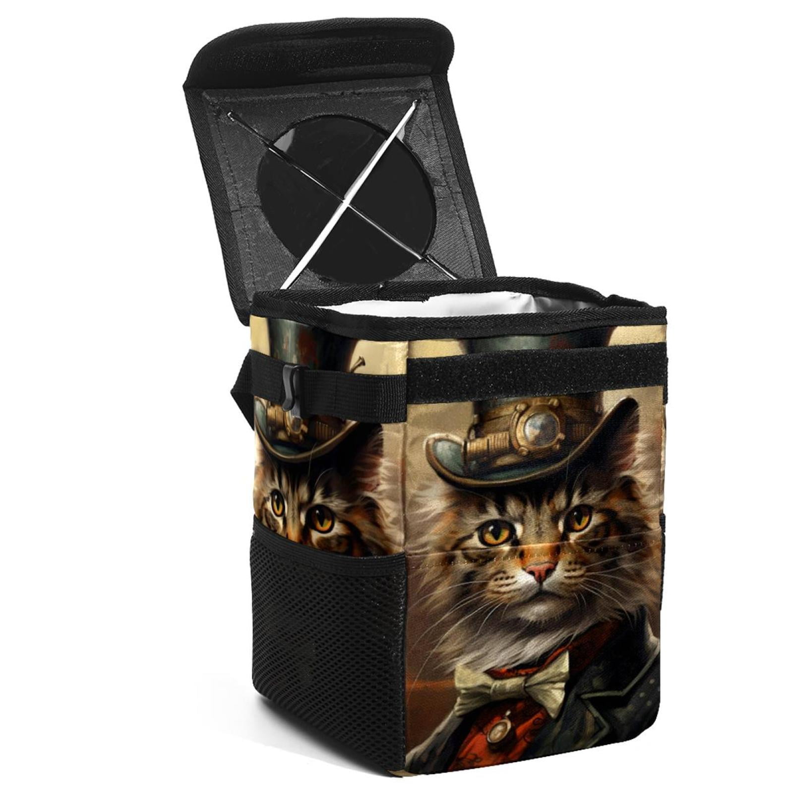 Cat Retro Foldable Car Trash Bin with Lid, Leak-Proof Mini Trash Can ...