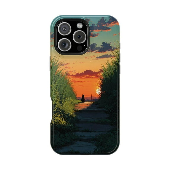Cat Rice Field Sunset Anime Style Serene Scenic Art Phone Case with ...