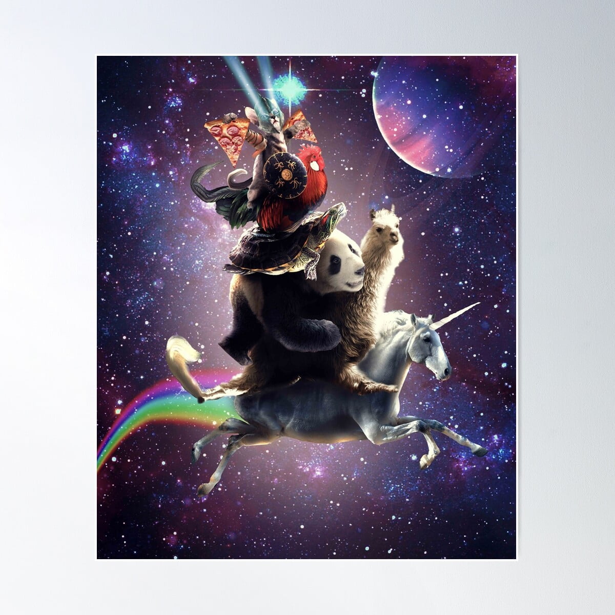 Cat Riding Chicken Turtle Panda Llama Unicorn Poster Wall Art, Modern ...