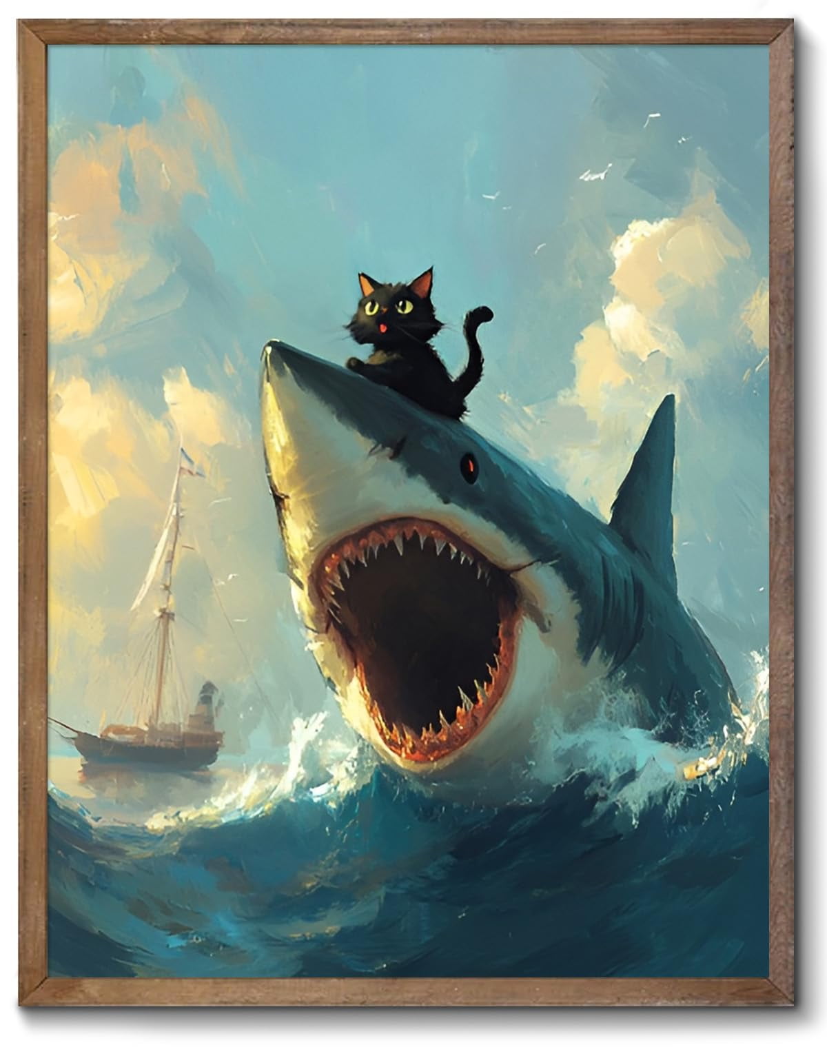 Cat Riding Shark Canvas Funny Cat Canvas Animal Decor Funny Shark ...