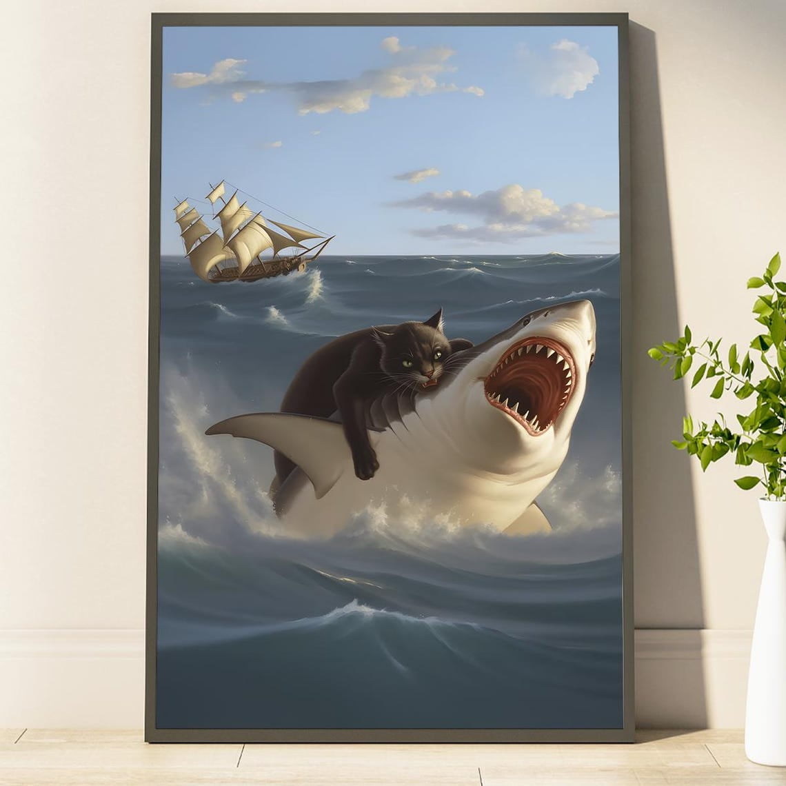 Cat Riding Shark Poster Black Cat Adventure On Waves Print Blue Sea ...