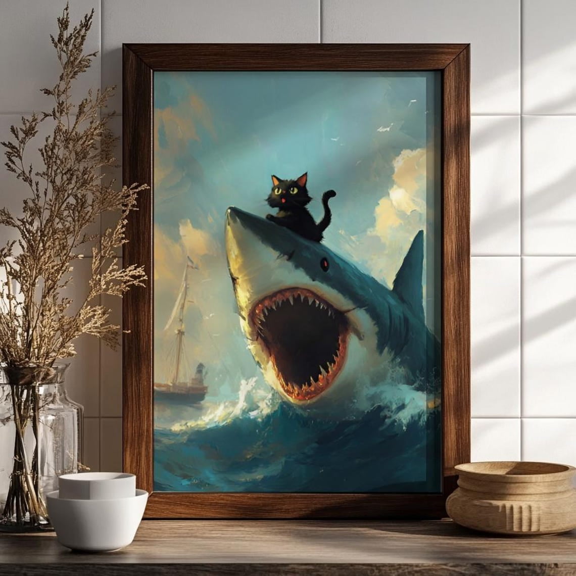 Cat Riding A Shark Wall Art, Funny Cat Poster, Victorian Painting ...
