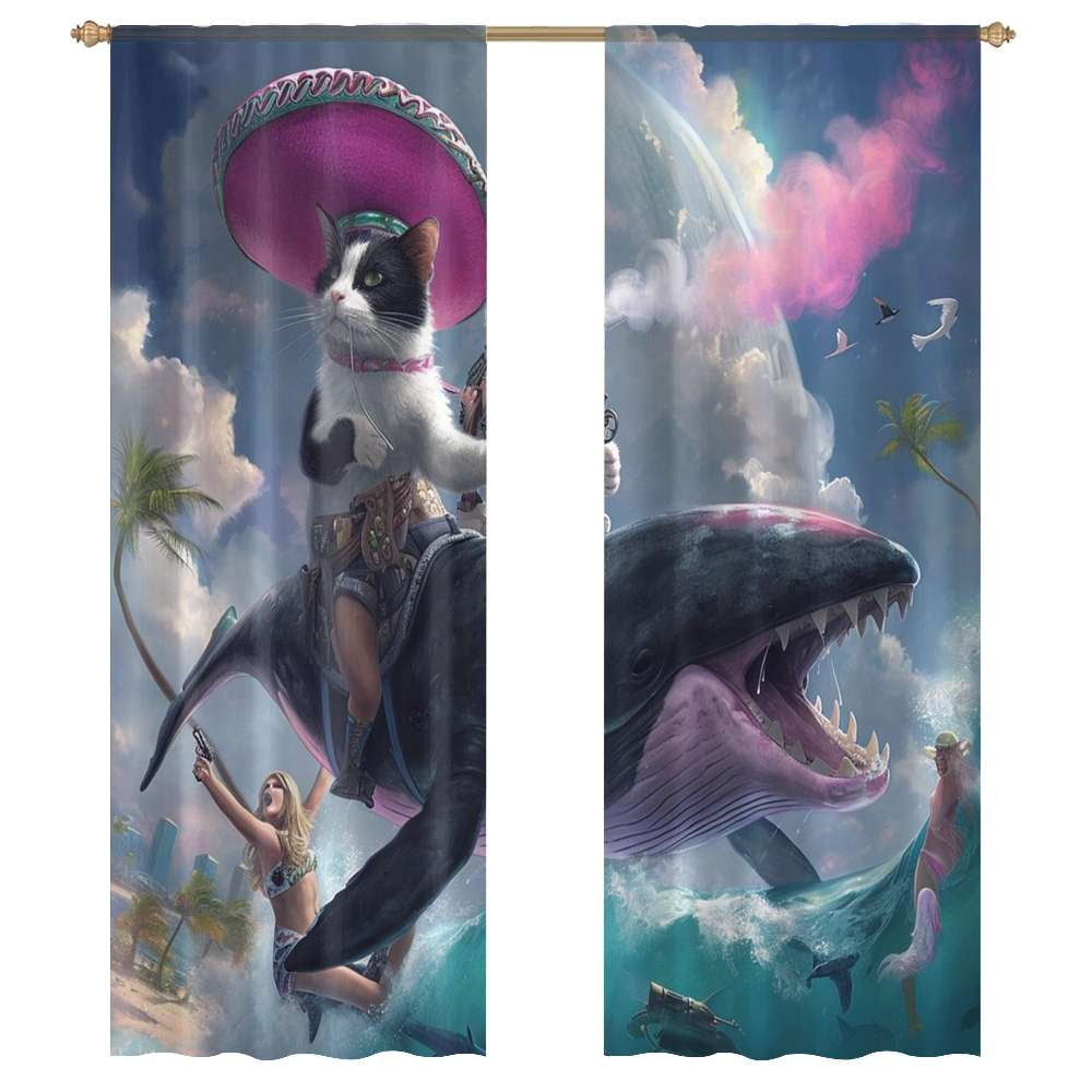 Cat Riding Shark With Sombrero Sheer Voile Curtain Window Tulle ...