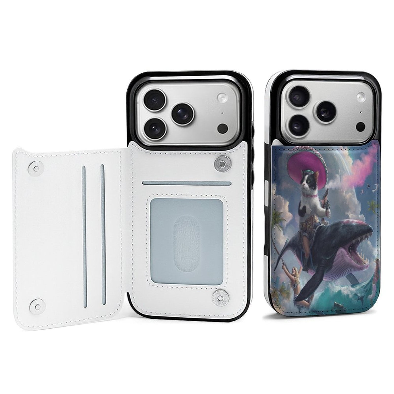 Cat Riding Shark with Sombrero Leather Wallet Case for iPhone 16 Pro ...