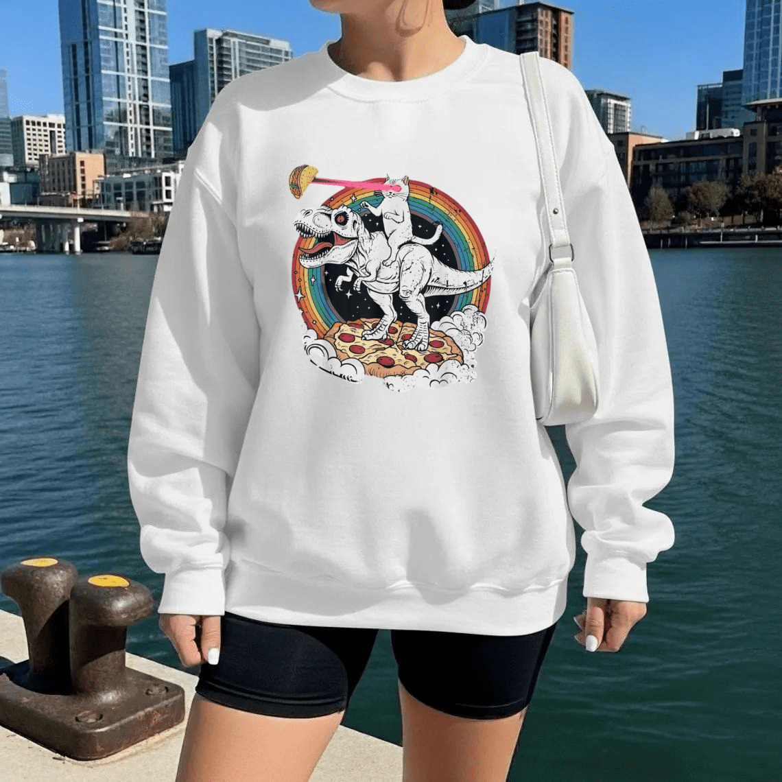 Cat Riding T-Rex Dinosaur Taco in Space Graphic Sweatshirt, for Men ...